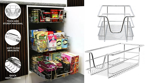 2 or 3-Pack of KuKoo Kitchen Pull Out Storage Baskets - 4 Sizes