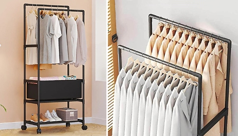 Double Rail Metal Clothes Rack on Wheels